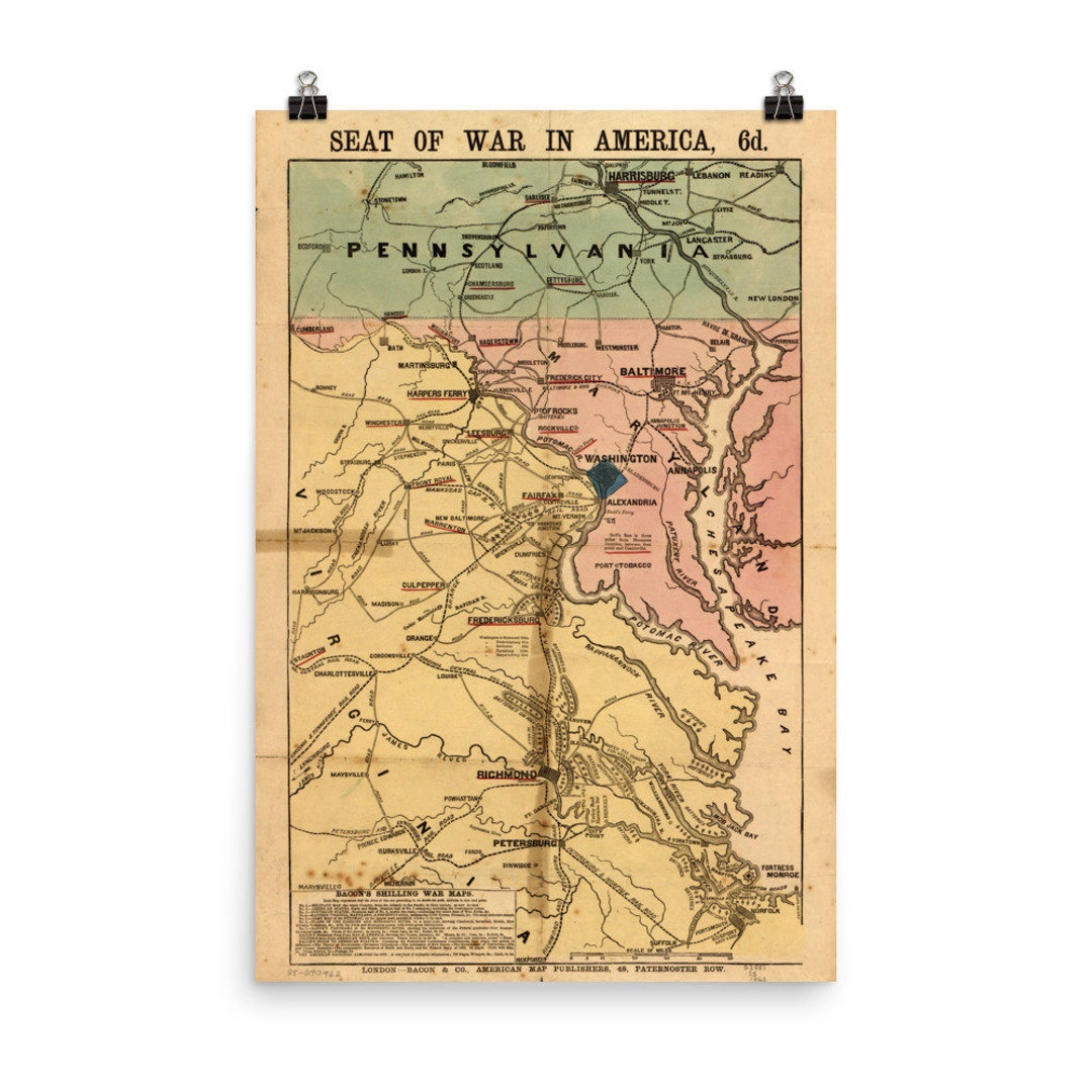 Virginia Civil War Battlefields Map (1863) Old Dominion Battles Atlas ...