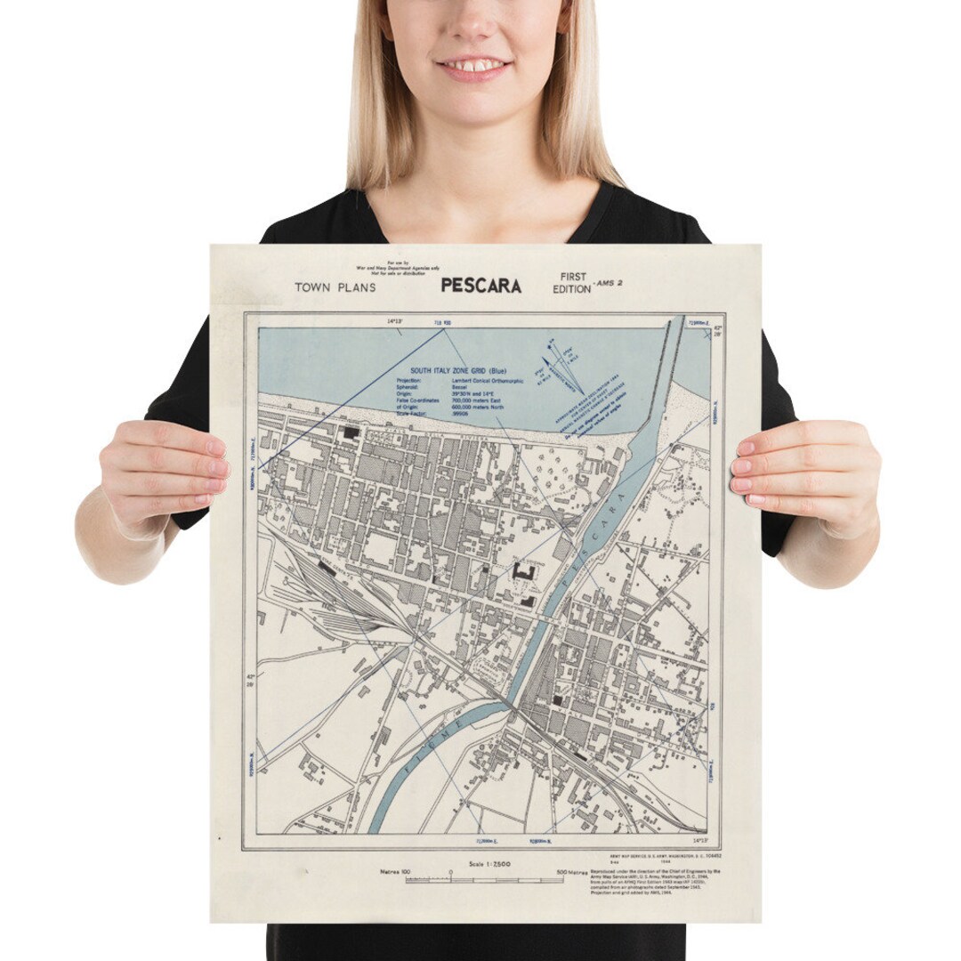 Old Pescara Italy Map (1944) Vintage Abruzzo Italia City Atlas Poster ...