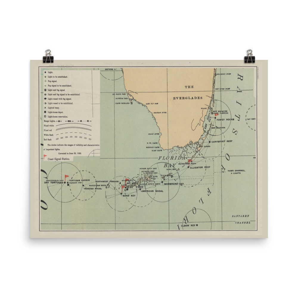 Old Florida Keys Lighthouse Map (1898) FL Nautical & Maritime Atlas ...