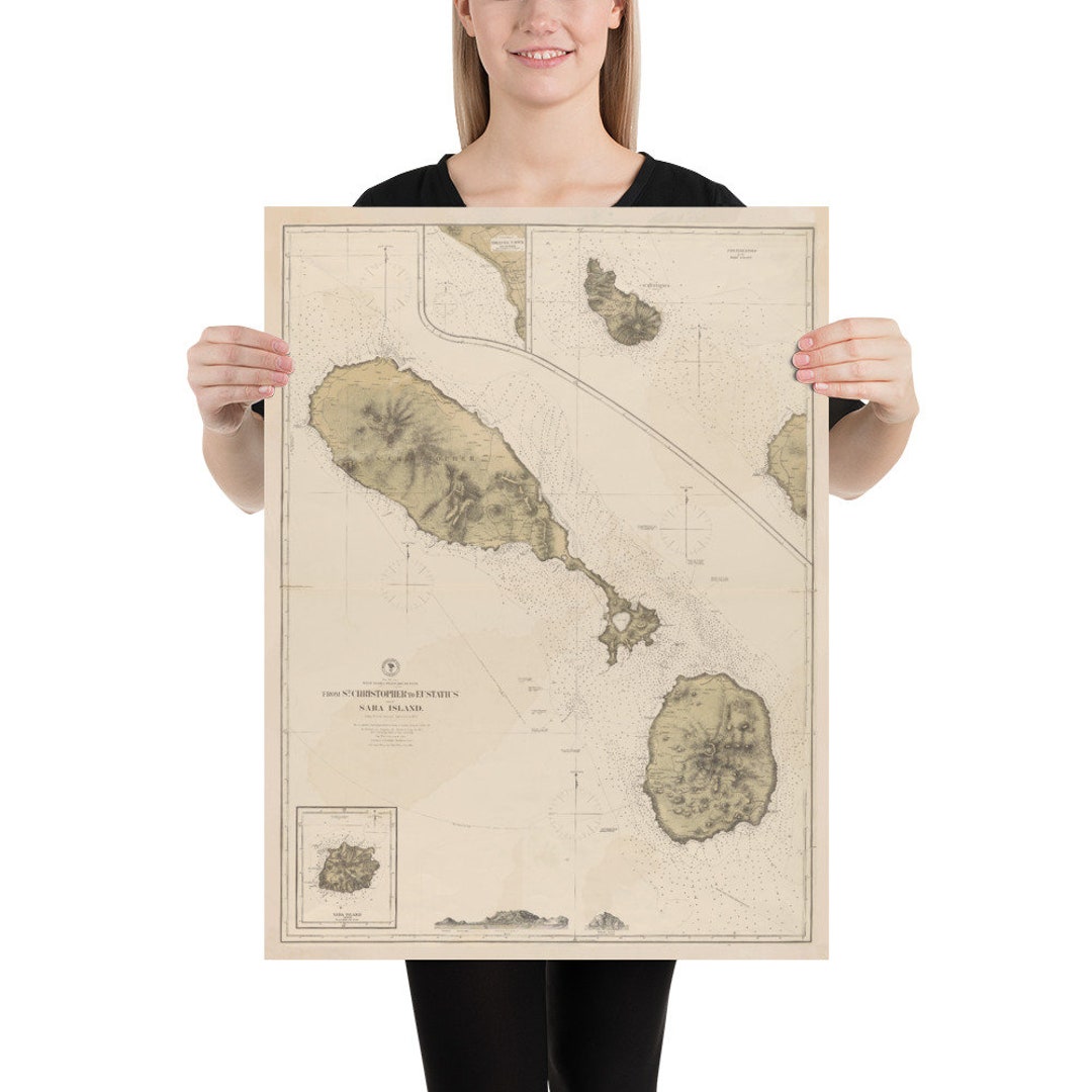 Old St Kitts & Nevis Island Map (1872) Vintage Saint Christopher Isle ...