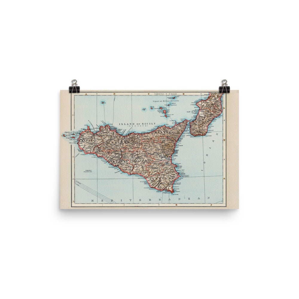 Old Sicily Italy Map 1900 Vintage Sicilian Atlas Poster | Etsy