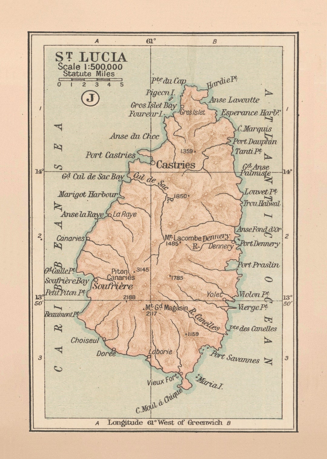 Old St Lucia Map (1919) Vintage Helen of the West Indies Island Atlas ...