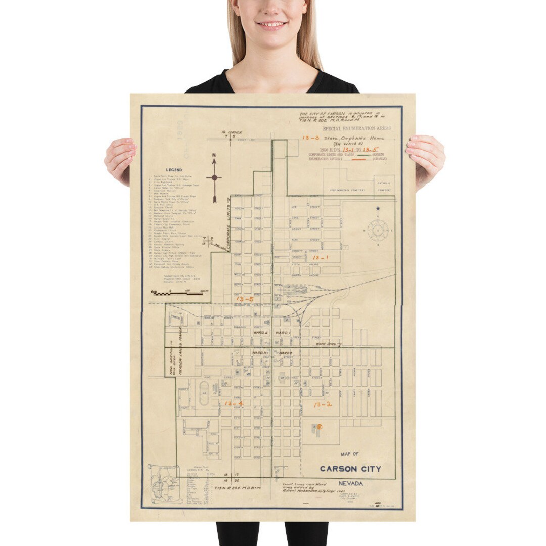 Old Carson City NV Map (1940) Vintage Nevada State Capital City Atlas ...