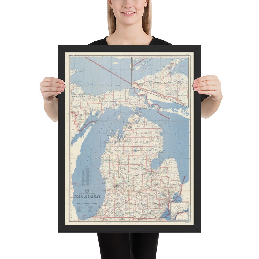 Old Michigan State & County Postal Map (1954) Vintage MI Geographical ...