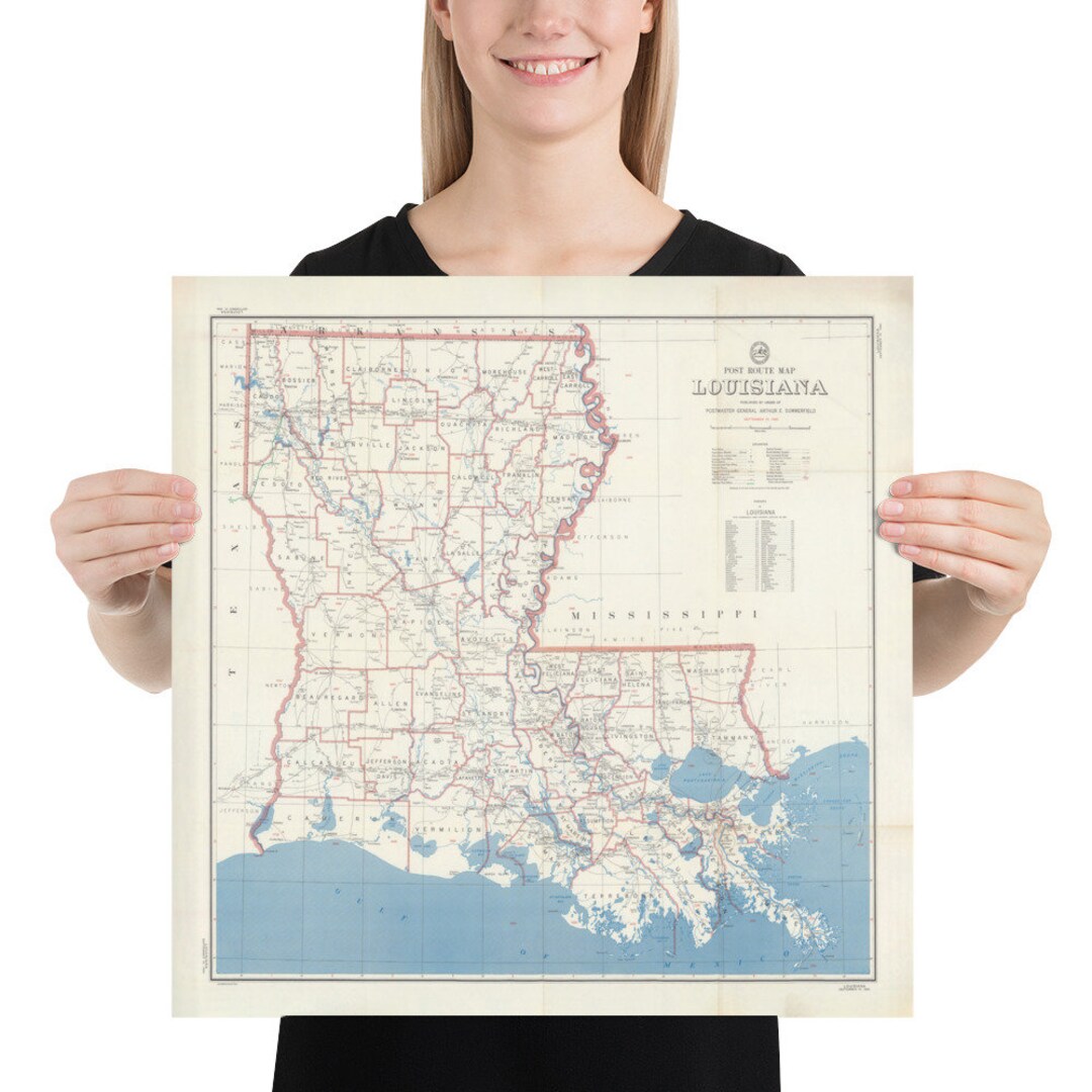 Old Louisiana County Postal Route Map 1960 Vintage Bayou State Atlas ...