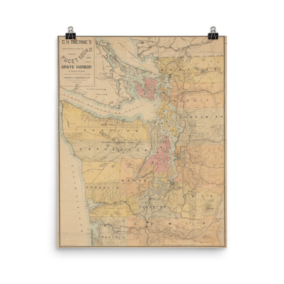 Vintage Puget Sound Map (1891) Washington State Pacific Ocean Inlet ...
