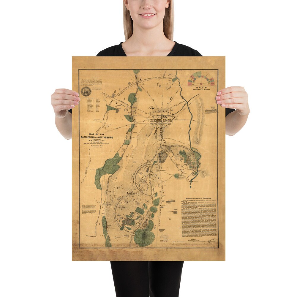Old Gettysburg Battlefield Map (1864) Vintage US Civil War Battle Atlas ...