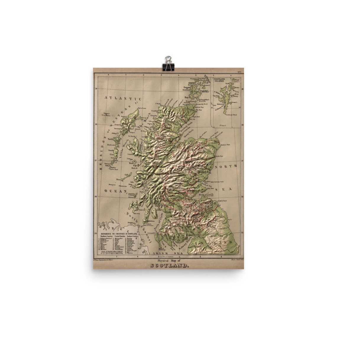 Vintage Scotland Physical Map (1880) Old Scottish Mountains Atlas ...