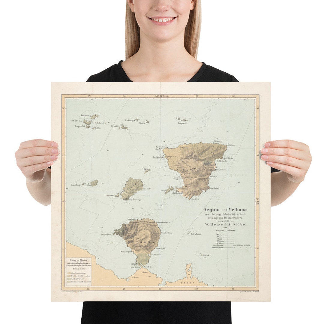 Pôster Mapa antigo das Ilhas Methana e Egina (1866) Gráfico da Grécia ...