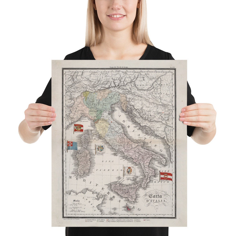 Old Italy Map (1842) Vintage Italia Atlas With Flags Poster - Etsy