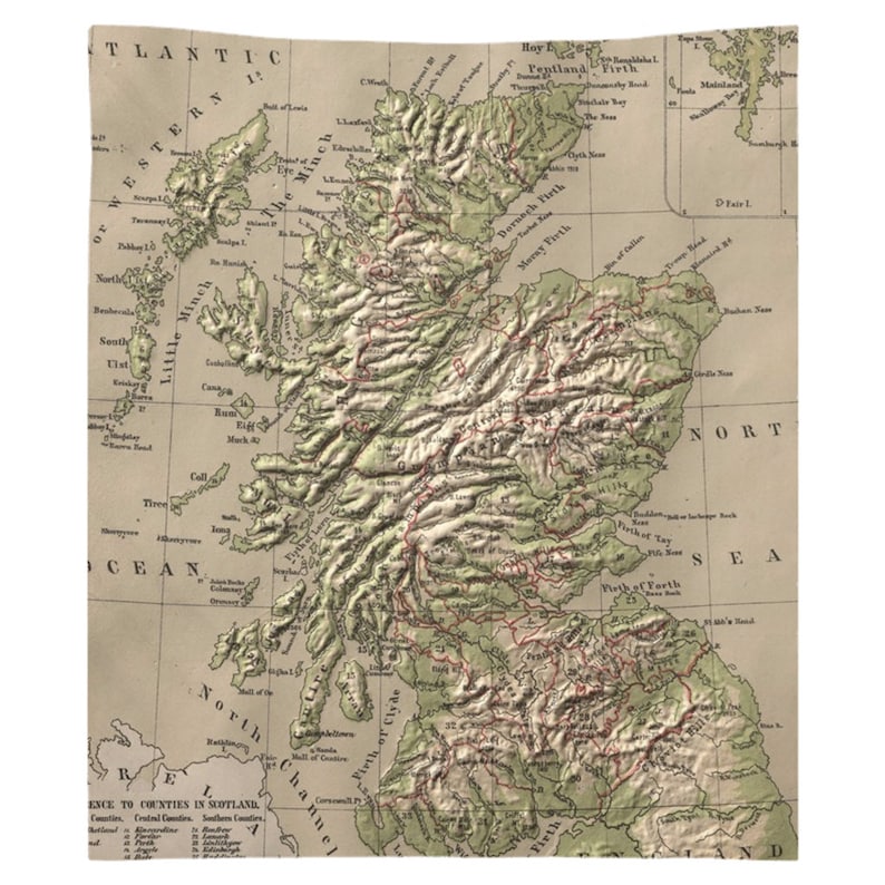 Scotland Physical Map Tapestry 1880 Old Atlas | Etsy