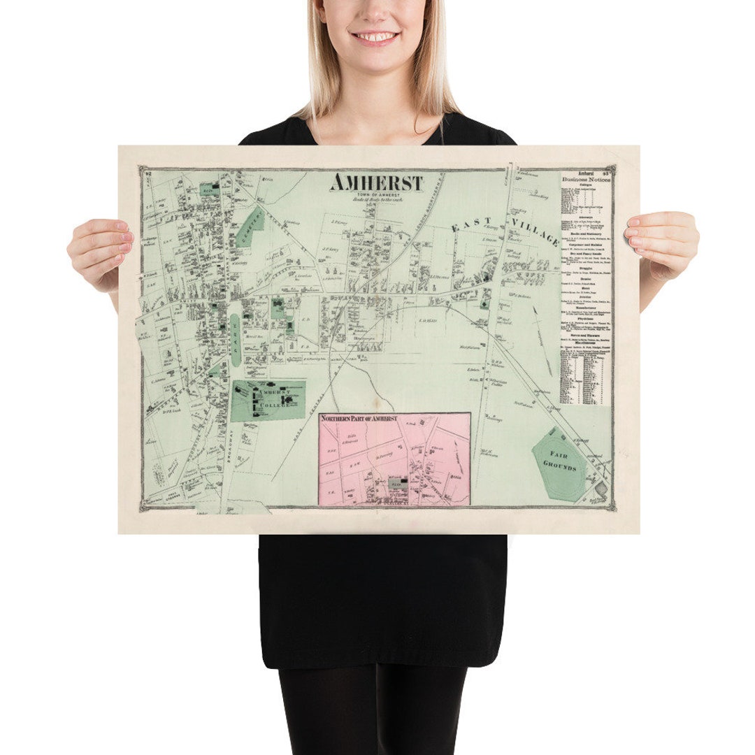Old Amherst MA Map (1873) Vintage Western Massachusetts Town Atlas ...