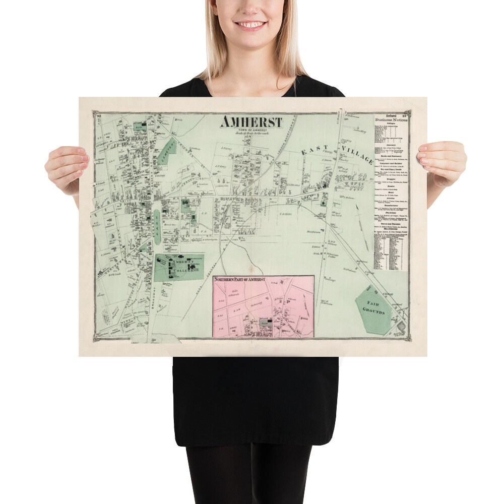 Old Amherst MA Map 1873 Vintage Western Massachusetts Town | Etsy