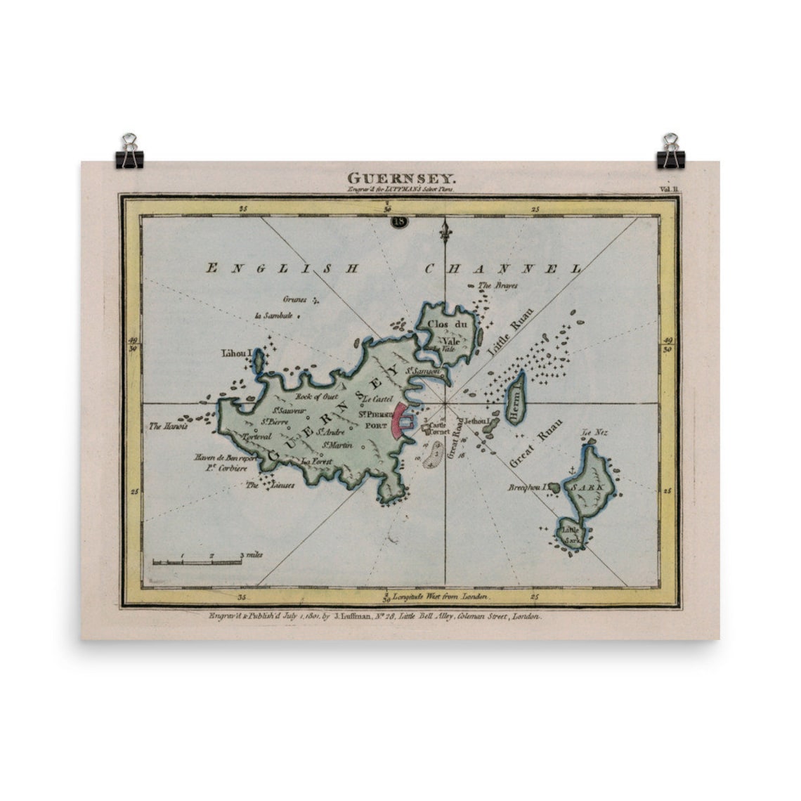 Old Guernsey Island Map 1801 Vintage English Channel Isle | Etsy