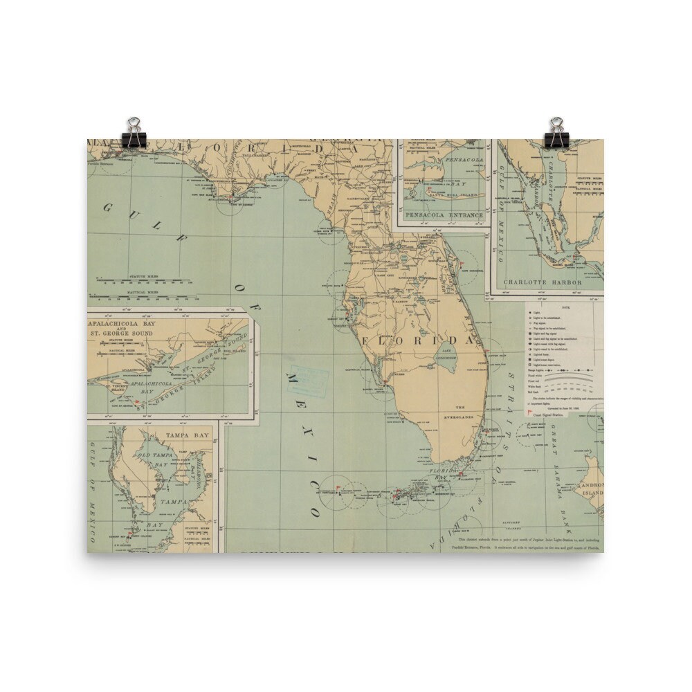 Vintage Florida Lighthouse Map (1898) FL Coastal Maritime Atlas Poster ...