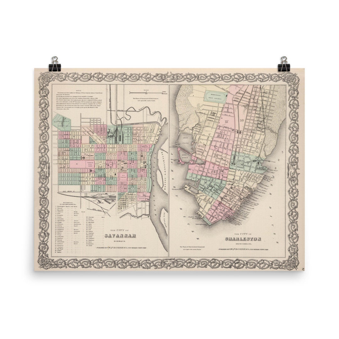Old Savannah GA and Charleston SC Map (1886) Historical Cities of the ...