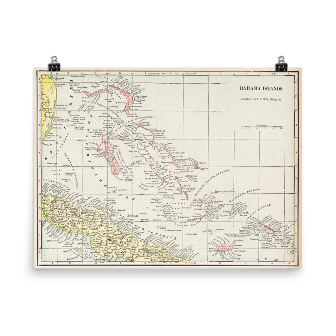 Vintage Bahamas Map (1901) Caribbean Islands Atlas Poster - Etsy