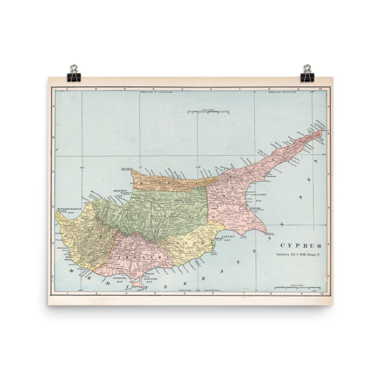 Cyprus Map 1901 Old Island of Cyprus Atlas Vintage Reproduction Poster ...
