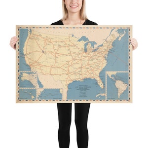 Old United States Air Mail Postal Routes Map 1939 US Airplane Postage ...