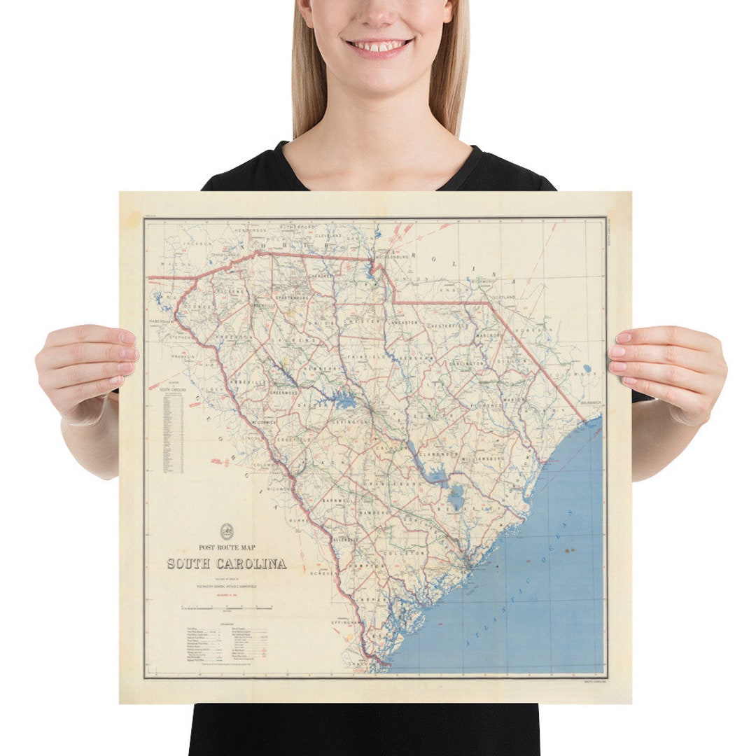 Old South Carolina County Postal Route Map (1953) Vintage Palmetto ...