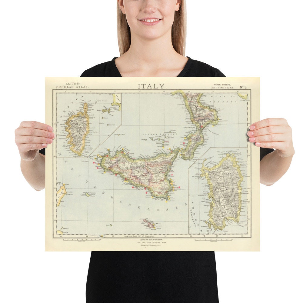 Old Sicily Italy Map 1883 Italian Historical Atlas Poster - Etsy