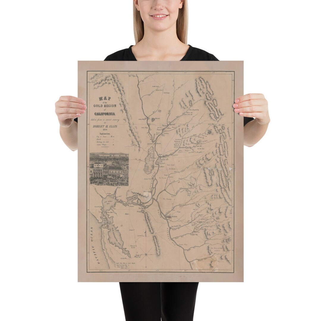 Old California Gold Region Map 1850 Vintage Californian Mining Chart ...