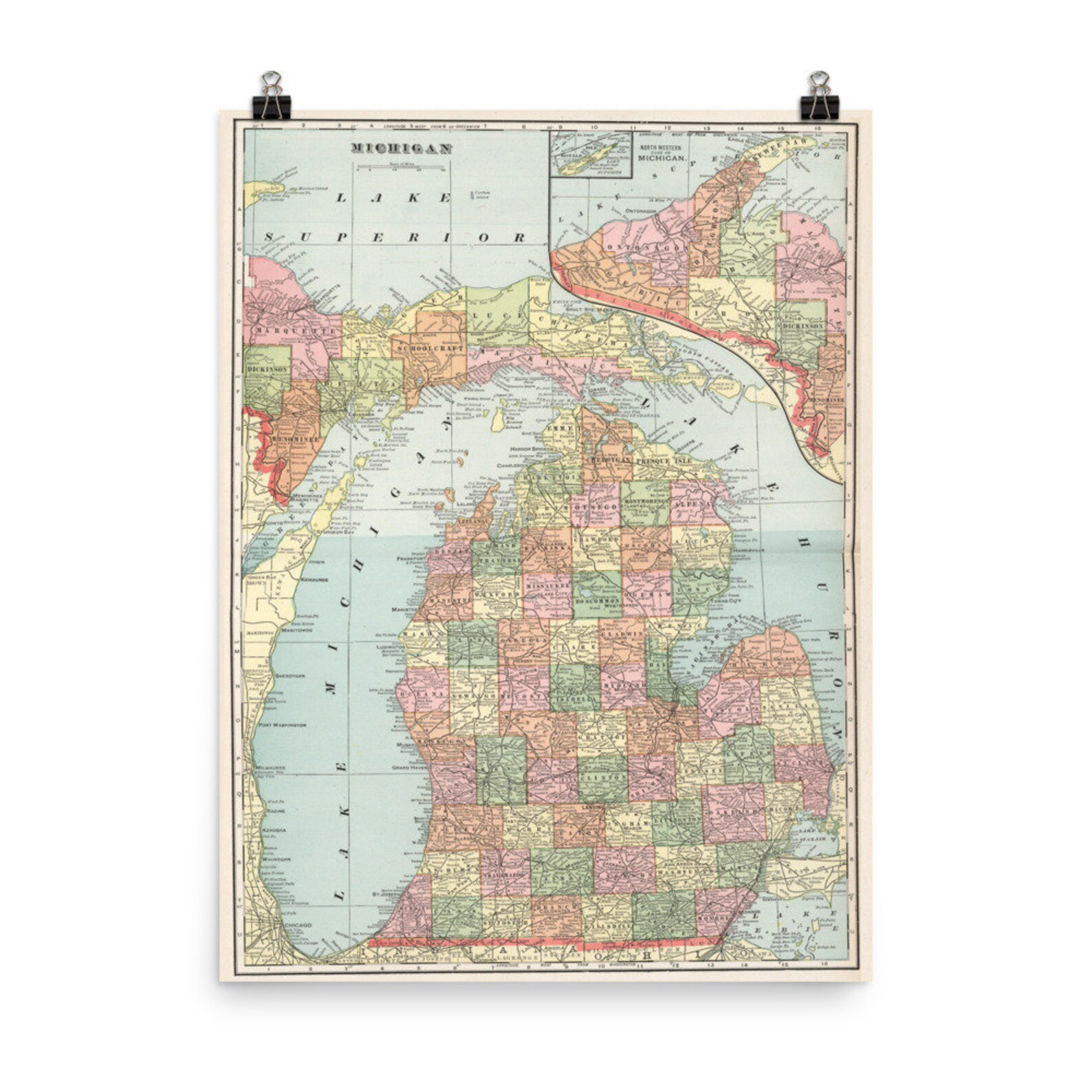 Michigan Map 1901 Old MI State & Counties Atlas Poster - Etsy