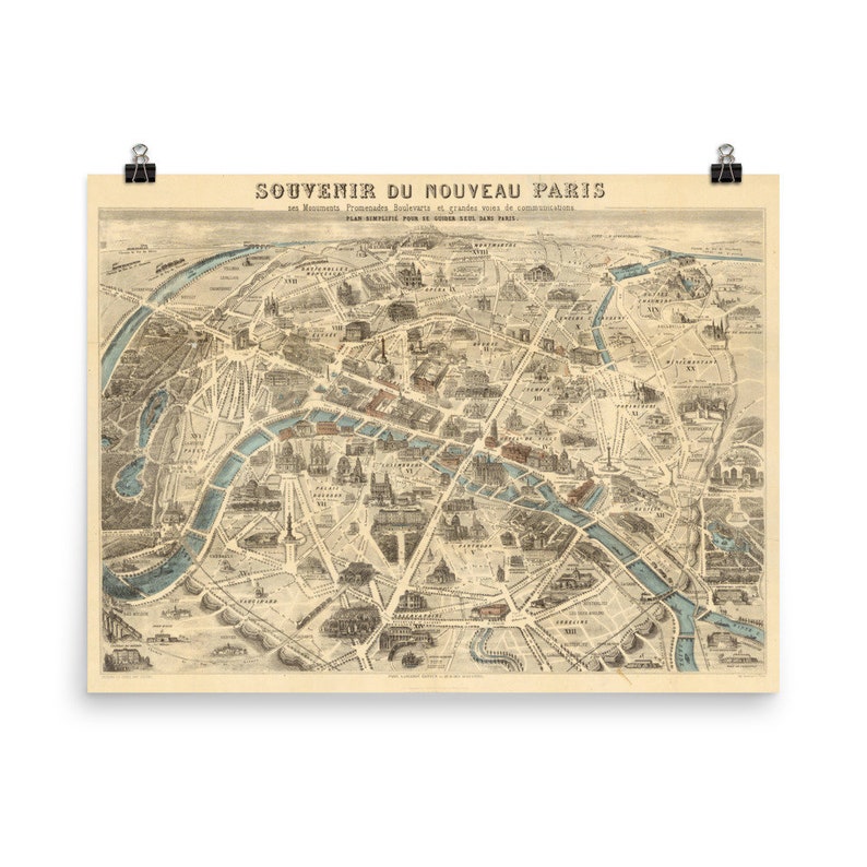Old Paris France Map 1871 Vintage Parisian Monuments & - Etsy