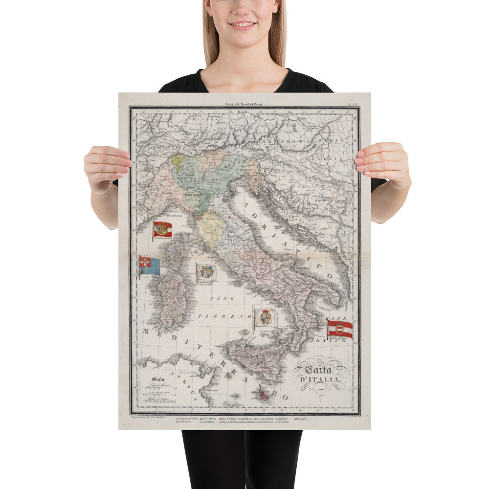 Old Italy Map (1842) Vintage Italia Atlas With Flags Poster - Etsy