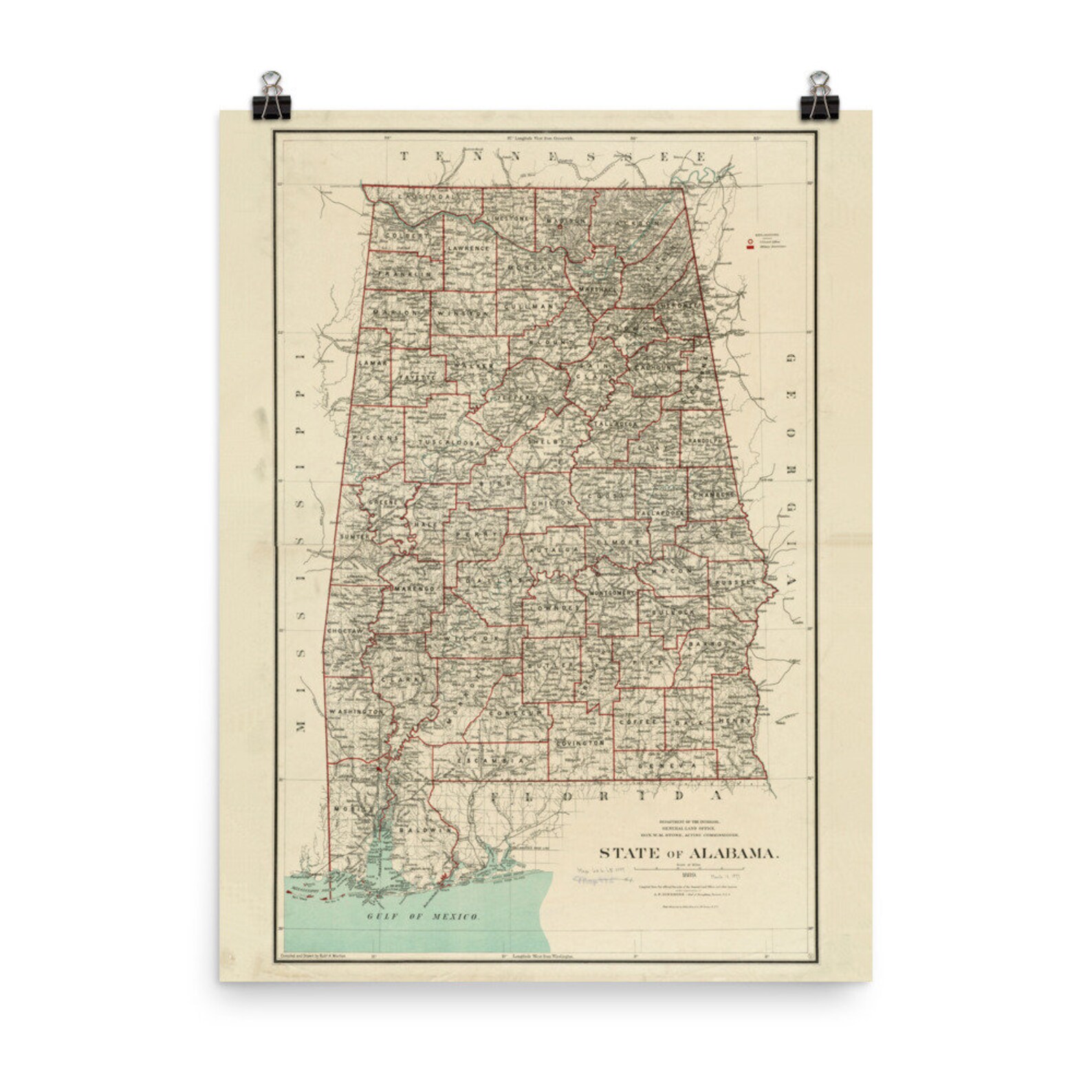 Old Alabama Map 1889 the Cotton State Vintage Atlas Poster - Etsy