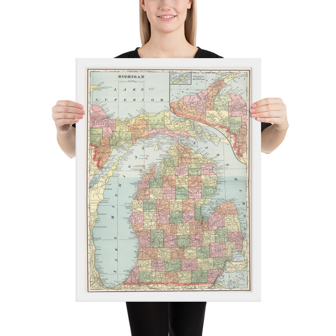 Michigan Map (1901) Old MI State & Counties Atlas Framed Poster - Etsy