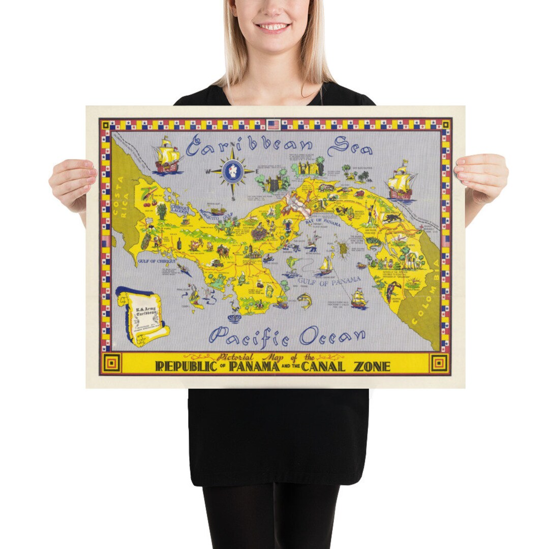 Old Panama Pictorial Map (1952) Vintage Panamanian Country Atlas Poster ...