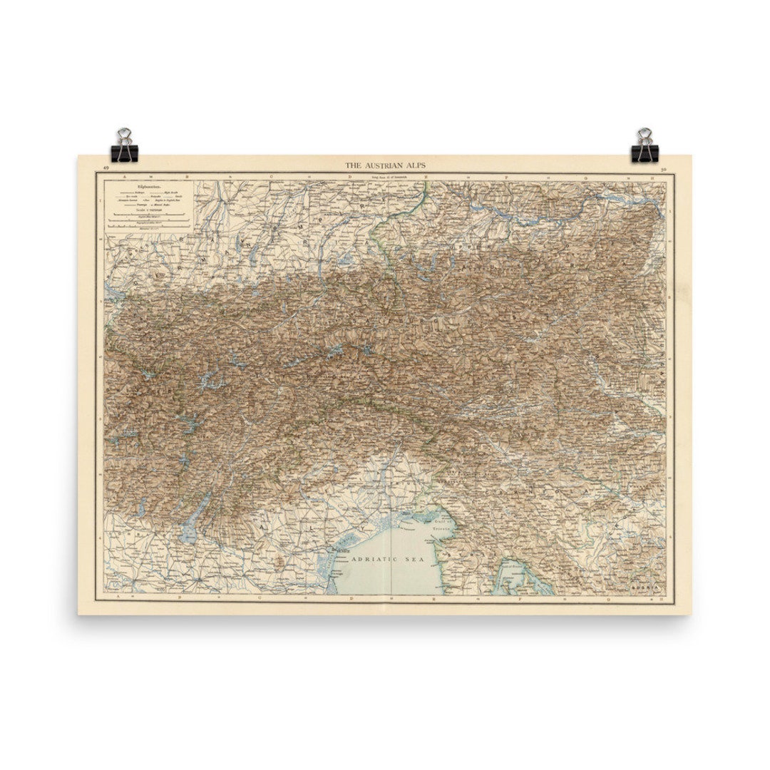 Old Austrian Alps Map (1895) Vintage Central Eastern Mountains Atlas ...