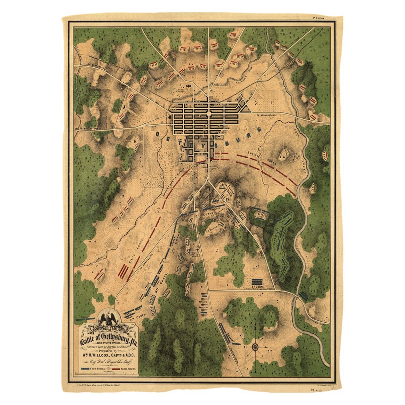 Old Gettysburg Battlefield Map (1863) Vintage US Civil War Battle Atlas ...