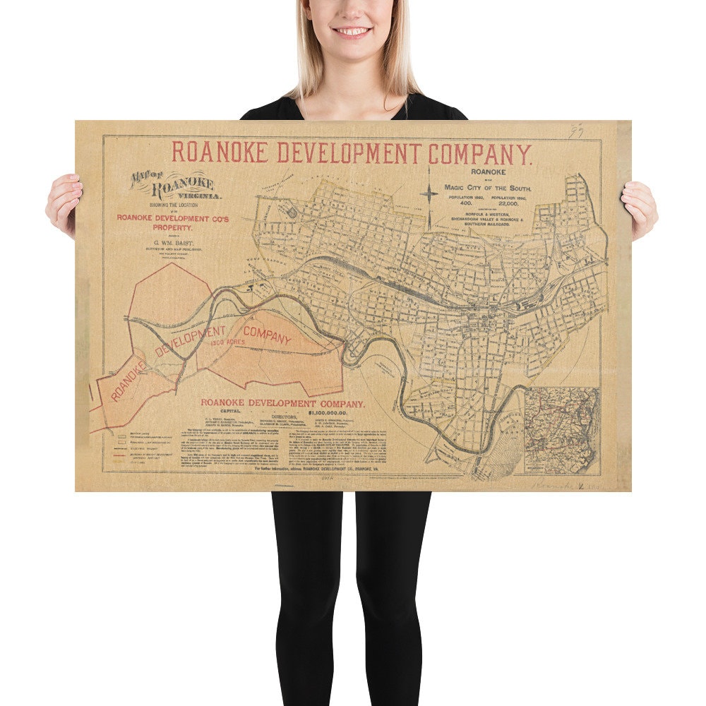 Old Roanoke VA Map (1890) Virginia Star City of the South Vintage Atlas ...