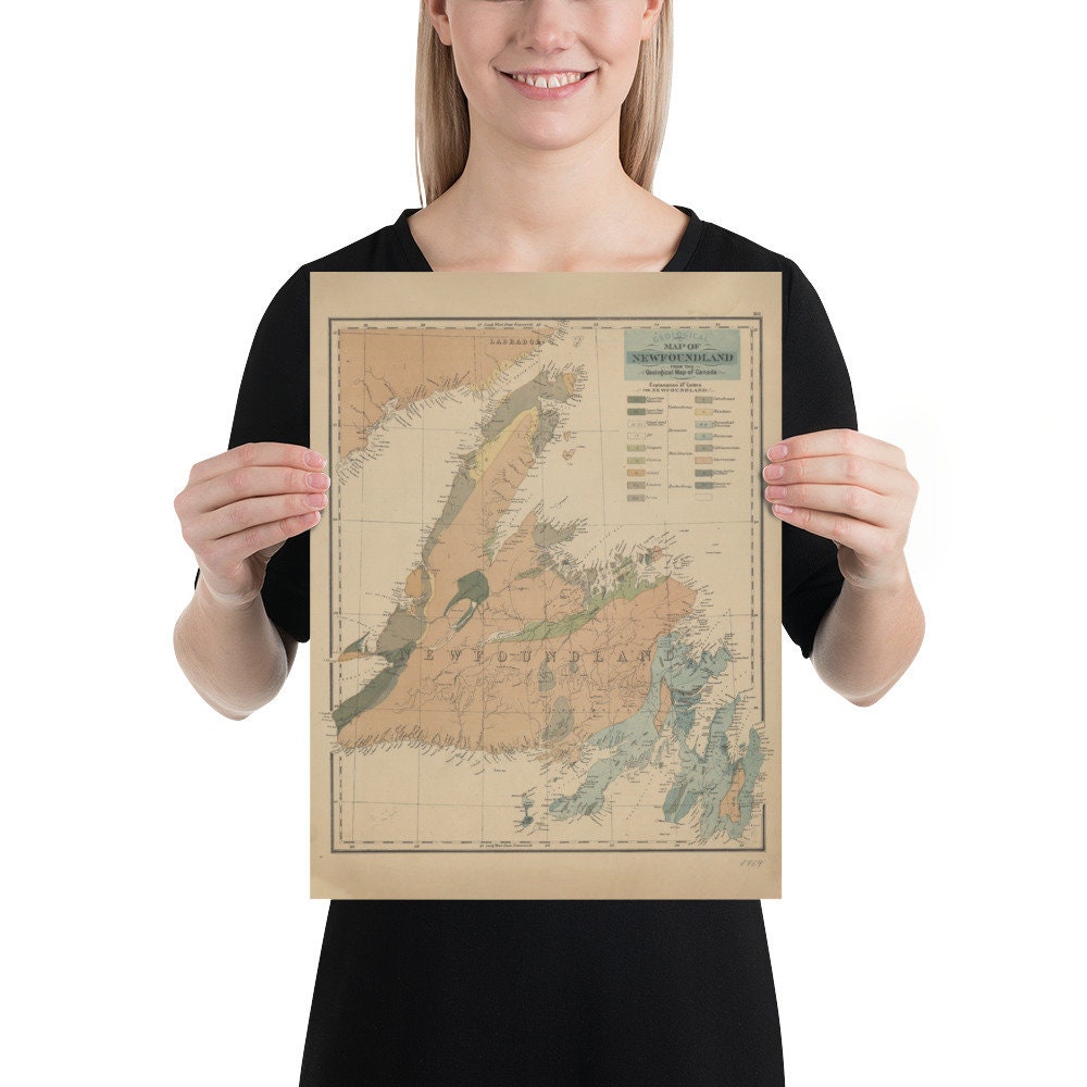 Old Newfoundland Island Geology Map (1875) Vintage Canadian Province ...