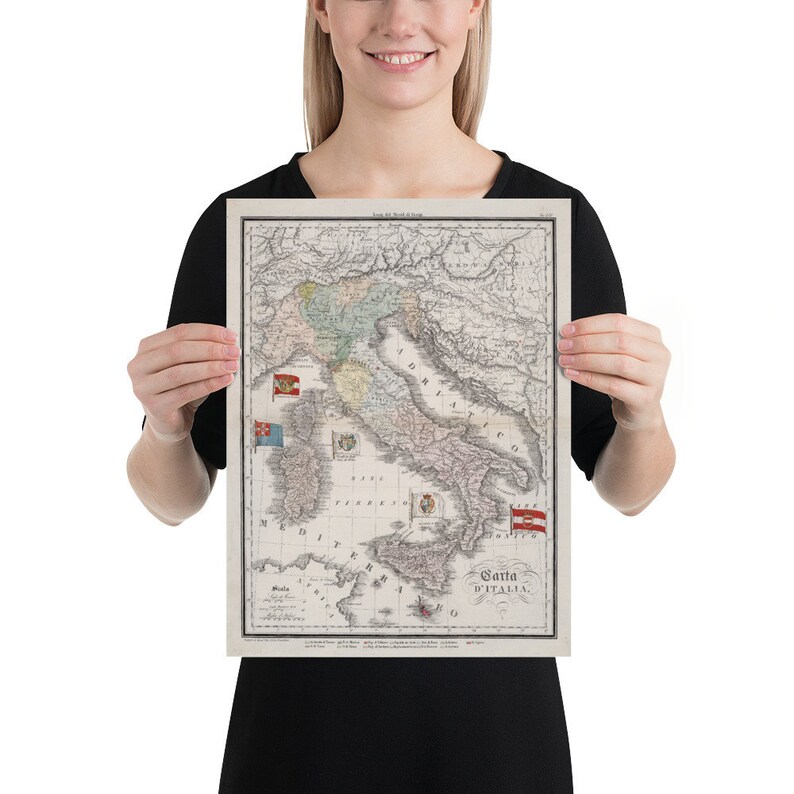 Old Italy Map (1842) Vintage Italia Atlas With Flags Poster - Etsy