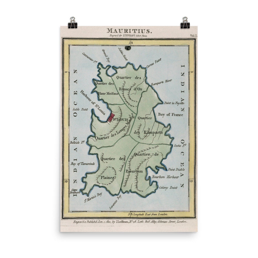 Old Mauritius Map 1801 Vintage Maurice Island Atlas Poster | Etsy