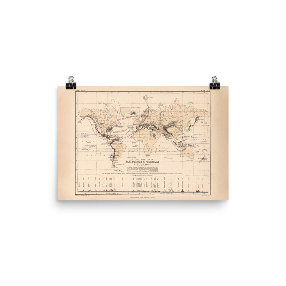 Old World Volcano and Earthquake Map (1852) Vintage Global Geological ...