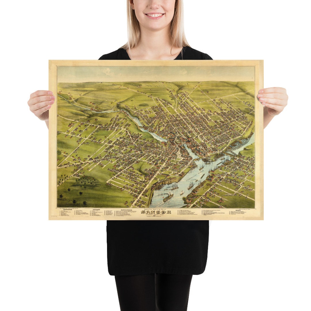 Old Bangor ME Map (1875) Vintage Maine City Birds Eye Perspective Atlas ...