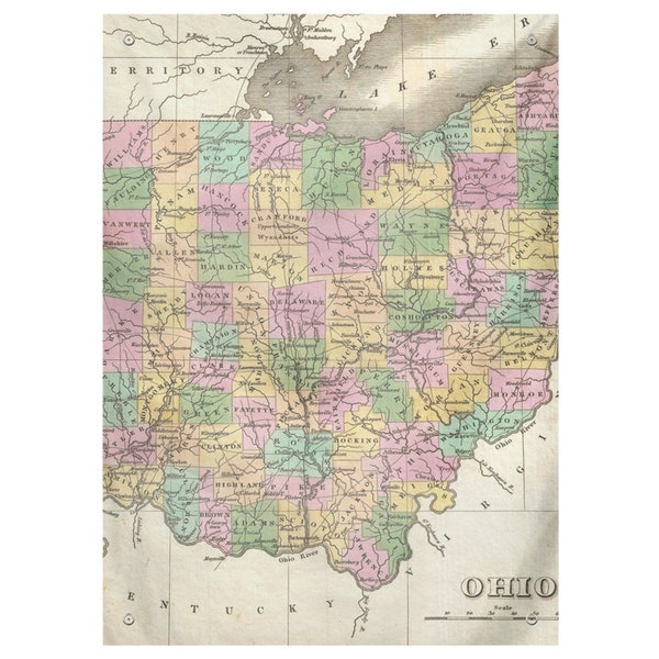 Ohio State Vintage Map With Counties - Etsy