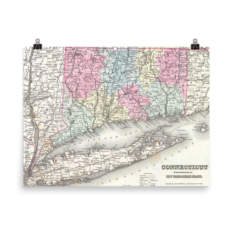 Vintage Connecticut and Long Island Map 1855 Old CT and Long | Etsy