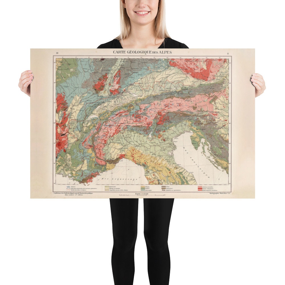 Old Alps Geology Map (1921) Vintage Swiss Mountain Range Geologic Atlas ...