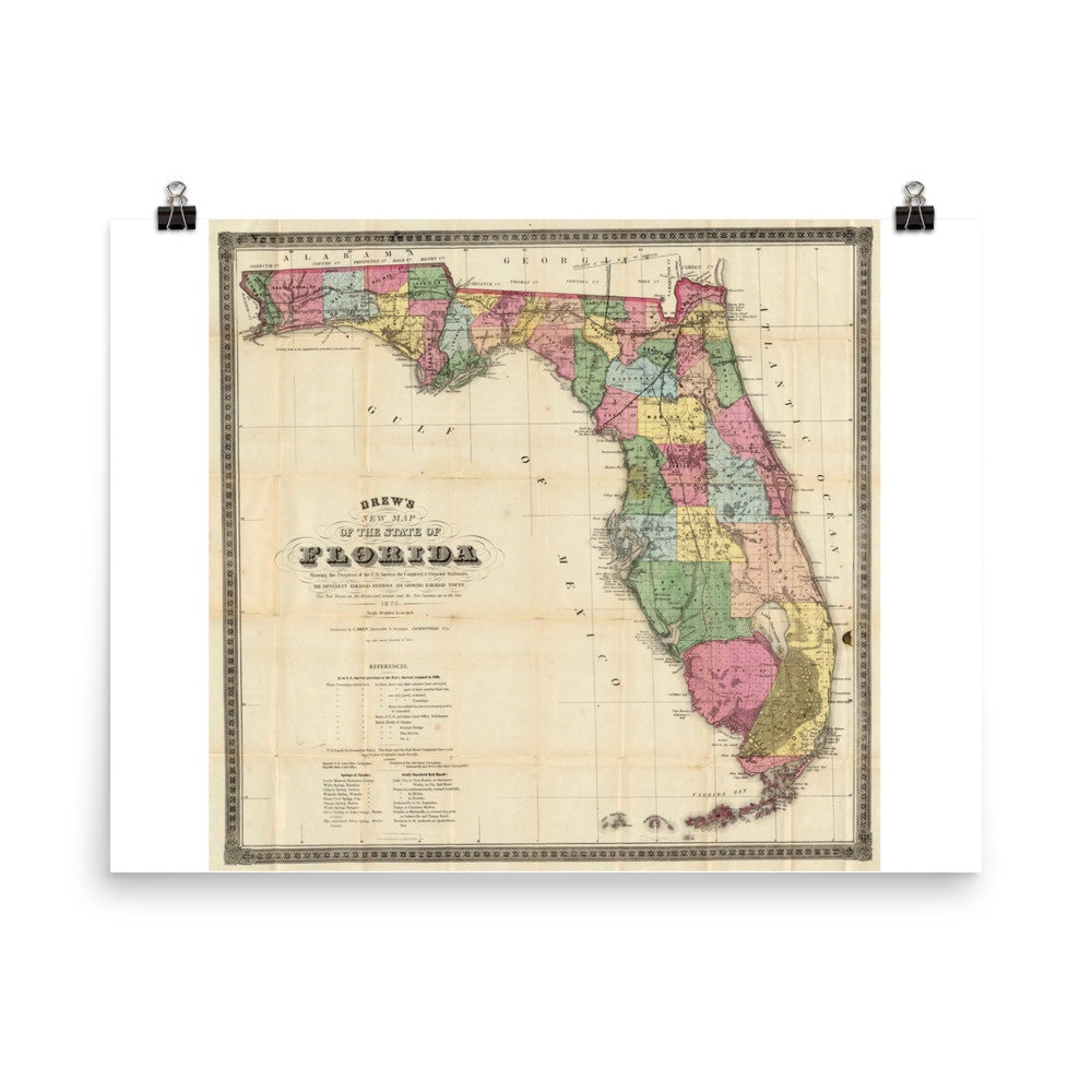 Vintage Florida Map (1870) FL Counties Atlas Poster - Etsy