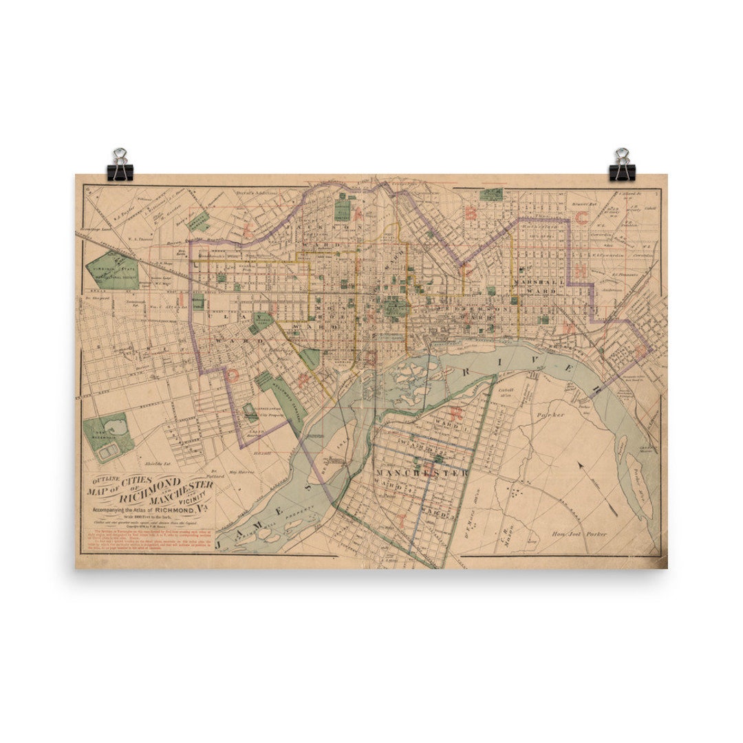Rustic Richmond VA Map (1876) Old Virginia Capital City and Street ...