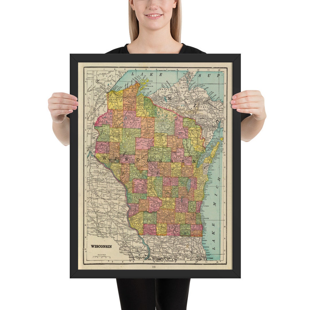 Old Wisconsin Map (1909) Vintage Badger State Atlas Framed Poster - Etsy