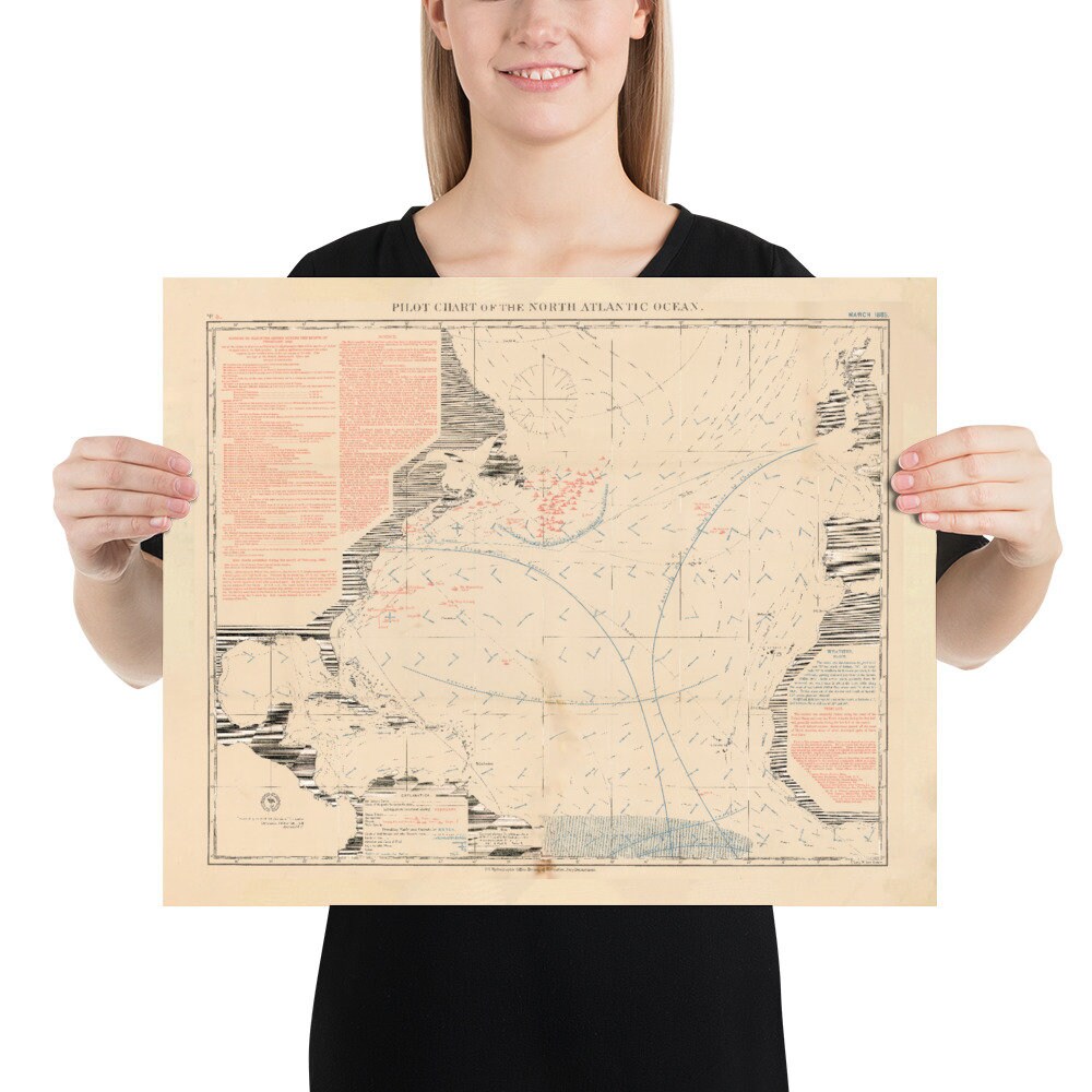Old Atlantic Ocean Nautical & Maritime Chart (1885) Vintage Boating and ...