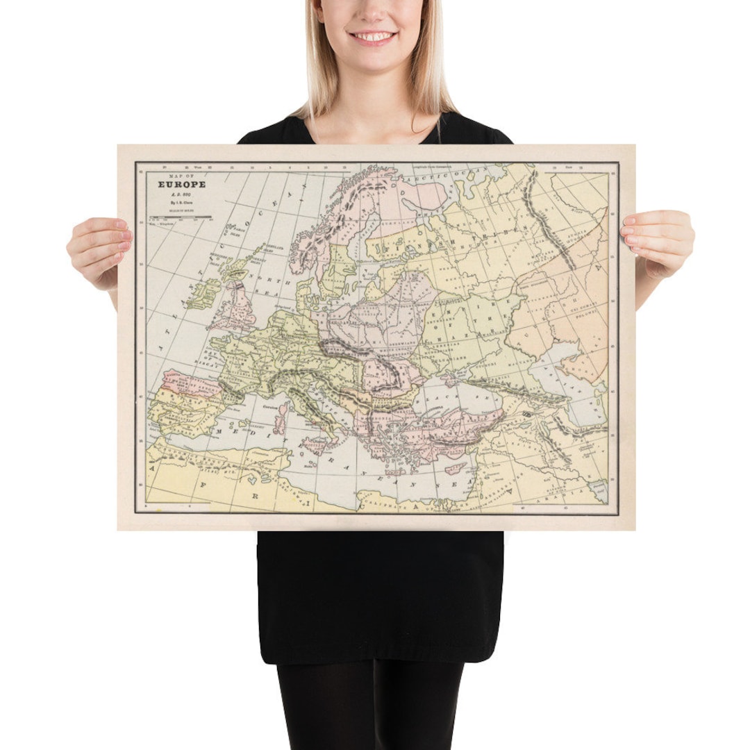 Old Europe 800 AD Map (1901) Vintage Medieval & Viking Age Atlas Poster ...