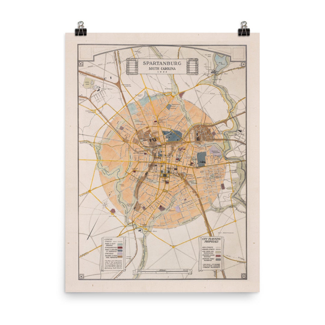 Old Spartanburg SC Map (1922) Vintage South Carolinian City Atlas ...