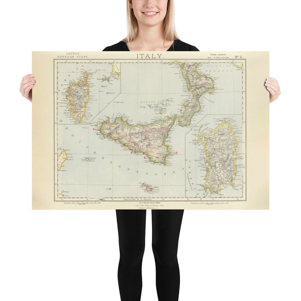 Old Sicily Italy Map 1883 Italian Historical Atlas Poster - Etsy